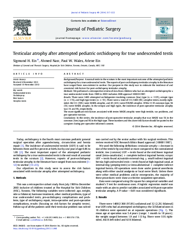 (PDF) Testicular atrophy after attempted pediatric orchidopexy for true ...