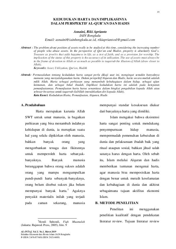 (PDF) Kedudukan Harta Dan Implikasinya Dalam Perspektif Al-Qur’An Dan Hadis