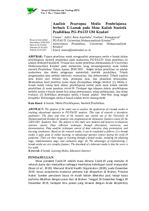 (PDF) Analisis Penerapan Media Pembelajaran berbasis E-Lumak pada Mata Kuliah Statistik ...