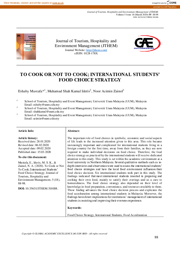 (PDF) To Cook or Not to Cook; International Students’ Food Choice strategy