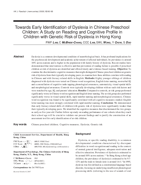 (PDF) Towards early identification of dyslexia in Chinese preschool ...