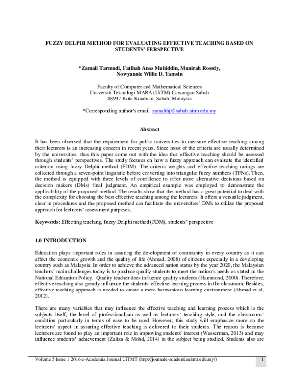 Pdf Fuzzy Delphi Method For Evaluating Effective Teaching Based On