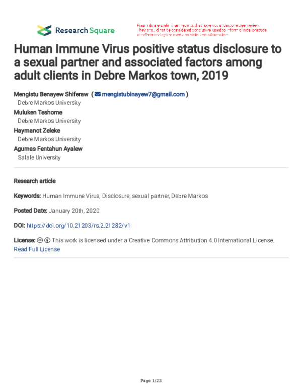 (PDF) Human Immune Virus positive status disclosure to a sexual partner ...
