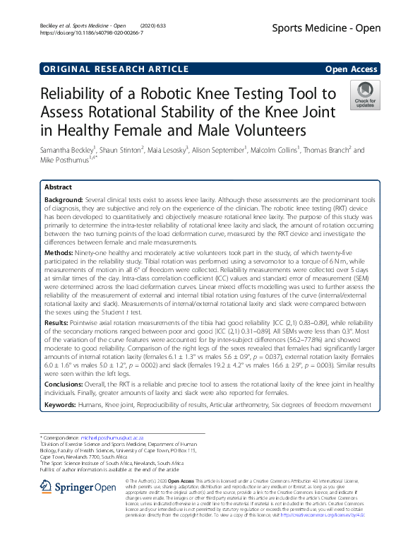 (PDF) Reliability of a Robotic Knee Testing Tool to Assess Rotational ...