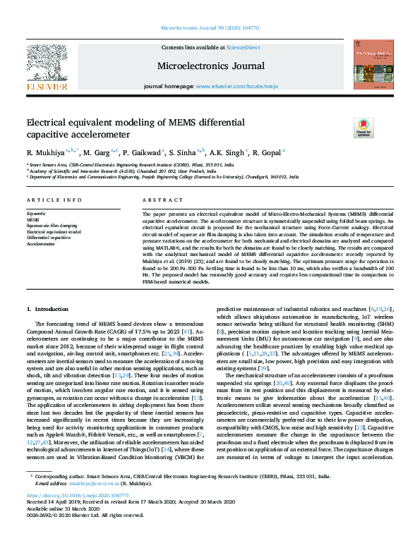 (PDF) Electrical equivalent modeling of MEMS differential capacitive accelerometer