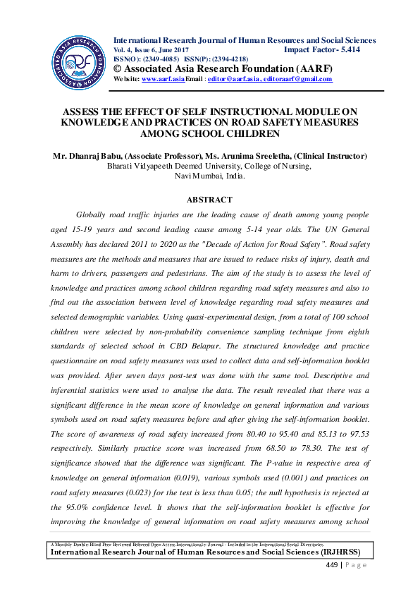 Pdf Assess The Effect Of Self Instructional Module On Knowledge And Practices On Road Safety