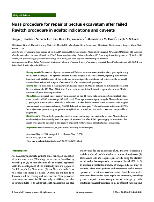 (PDF) Nuss procedure for repair of pectus excavatum after failed Ravitch procedure in adults ...
