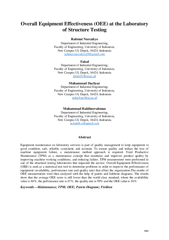 (PDF) Overall Equipment Effectiveness (OEE) at the laboratory of ...