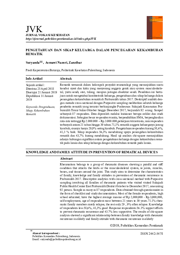 (PDF) Pengetahuan dan Sikap Keluarga dalam Pencegahan Kekambuhan Rematik