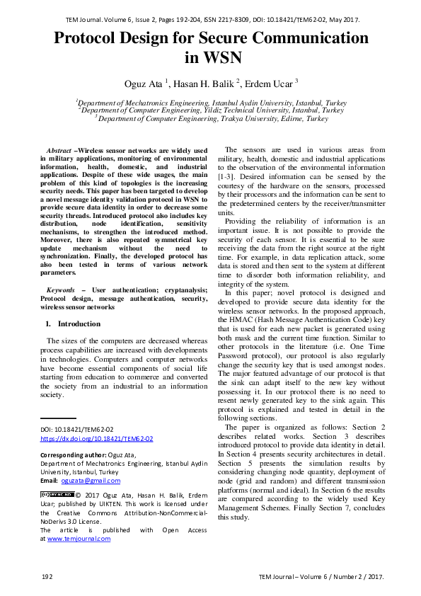 (PDF) Protocol Design for Secure Communication in WSN