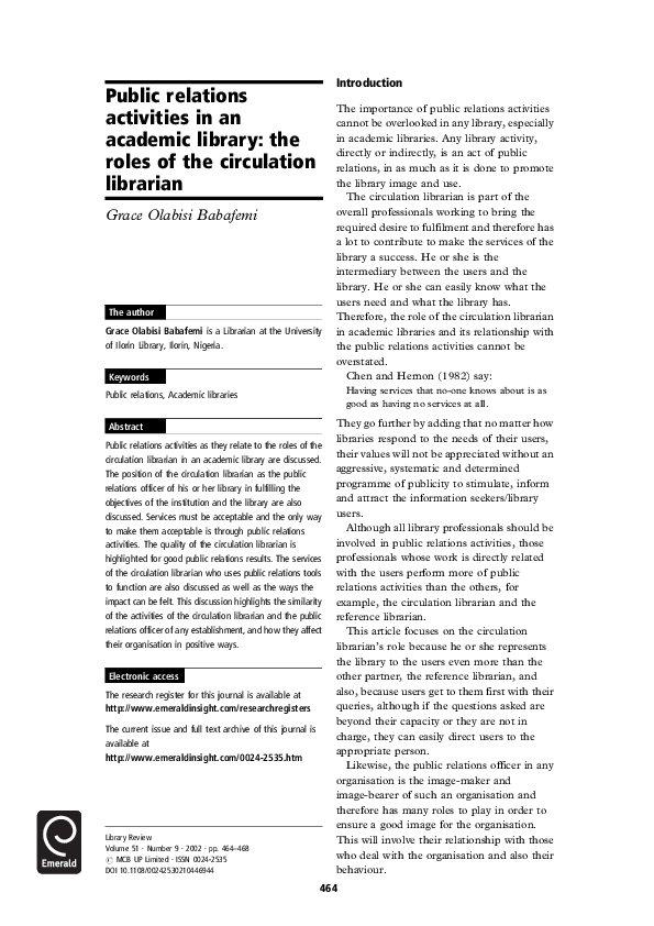 (PDF) Public relations activities in an academic library: the roles of ...