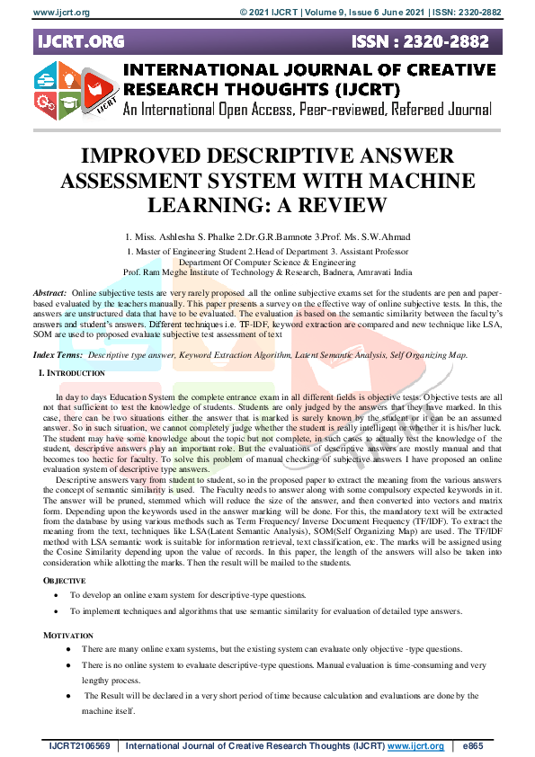 (PDF) Improved Descriptive Answer Assessment System with Machine Learning: A Review