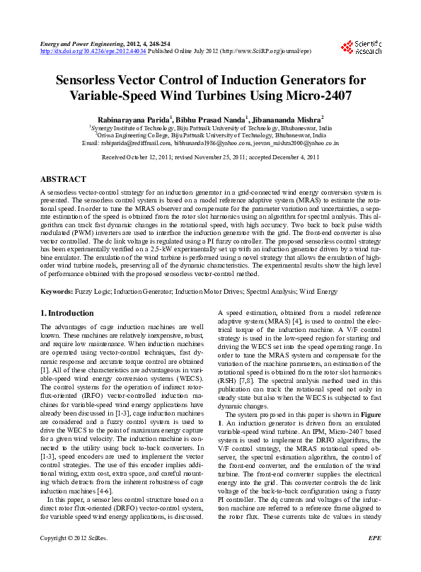 Pdf Sensorless Vector Control Of Induction Generators For Variable