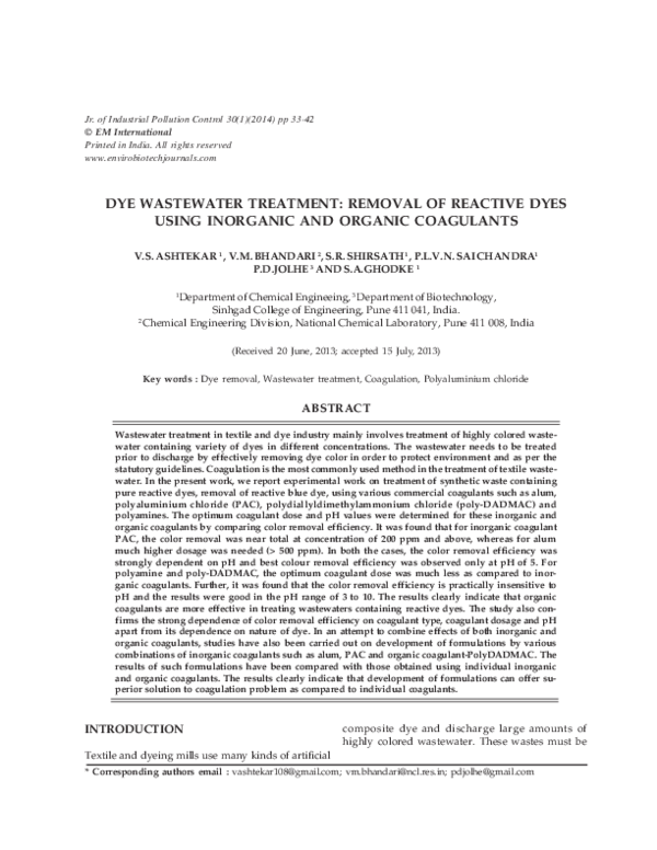 (PDF) Dye Wastewater Treatment: Removal of Reactive Dyesusing Inorganic ...