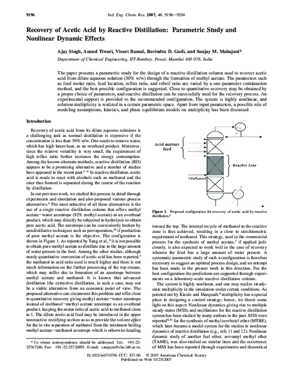 (PDF) Recovery of Acetic Acid by Reactive Distillation: Parametric ...
