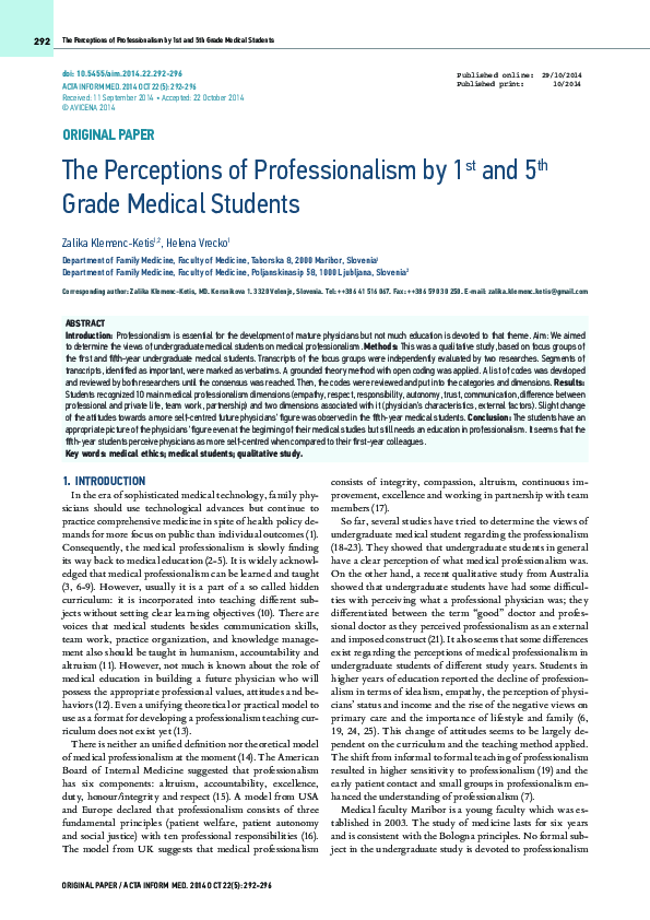 (PDF) The Perceptions of Professionalism by 1(st) and 5(th) Grade ...