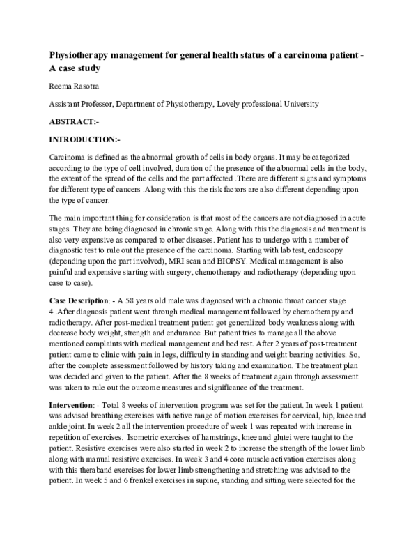 (DOC) Physiotherapy management for general health status of a carcinoma ...