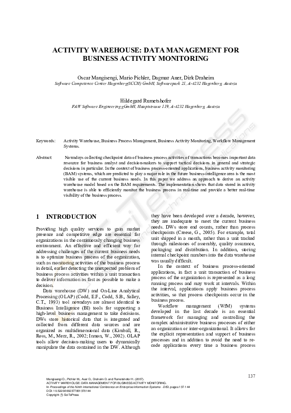 (PDF) Activity Warehouse: Data Management for Business Activity Monitoring