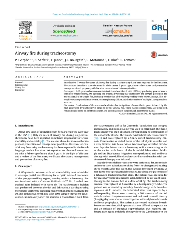 (PDF) Airway fire during tracheostomy