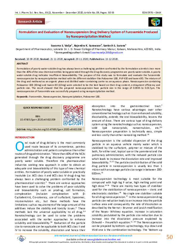 (PDF) Formulation and Evaluation of Nanosuspension Drug Delivery System of Furosemide Produced ...
