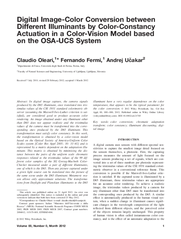 (PDF) Digital image-color conversion between different illuminants by color-constancy actuation ...