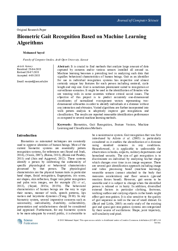 Pdf Biometric Gait Recognition Based On Machine Learning Algorithms