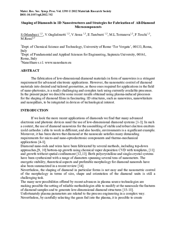 (PDF) Shaping of Diamonds in 1D Nanostructures and Strategies for ...
