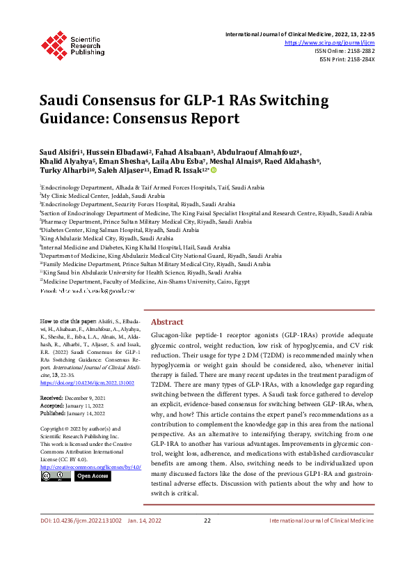 (PDF) Saudi Consensus for GLP-1 RAs Switching Guidance: Consensus Report