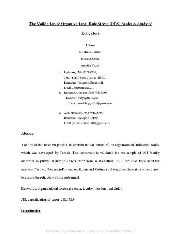 (PDF) The Validation of Organizational Role Stress (ORS) Scale: A Study ...