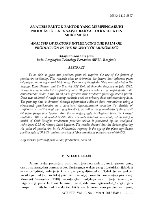 (PDF) Analisis Faktor-Faktor Yang Mempengaruhi Produksi Kelapa Sawit Rakyat DI Kabupaten ...