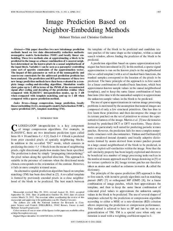 (PDF) Image Prediction Based on Neighbor-Embedding Methods | Mehmet Türkan - Academia.edu