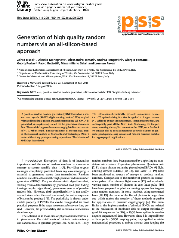 (PDF) Generation of high quality random numbers via an all-silicon-based approach