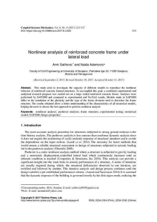 (PDF) Nonlinear analysis of reinforced concrete frame under lateral load