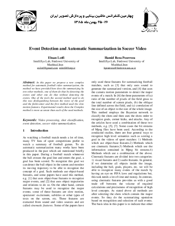 (PDF) Event Detection and Automatic Summarization in Soccer Video (PDF) Event Detection and Automatic Summarization in Soccer Video