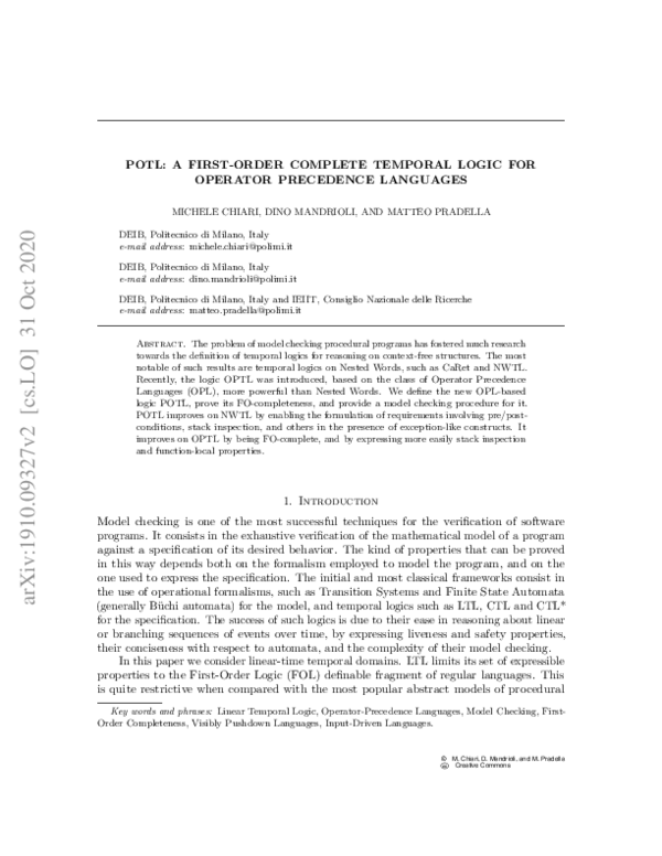 (PDF) POTL: A First-Order Complete Temporal Logic for Operator Precedence Languages