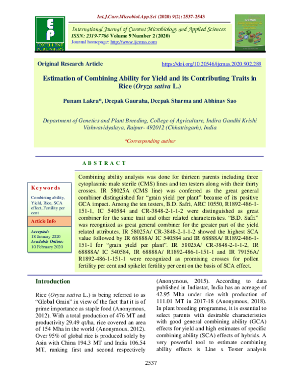 Pdf Estimation Of Combining Ability For Yield And Its Contributing