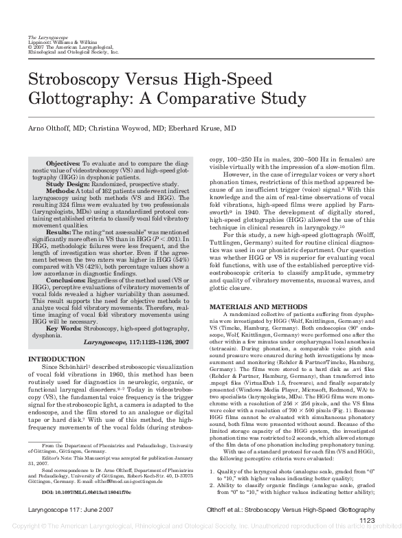 (PDF) Stroboscopy Versus High-Speed Glottography: A Comparative Study