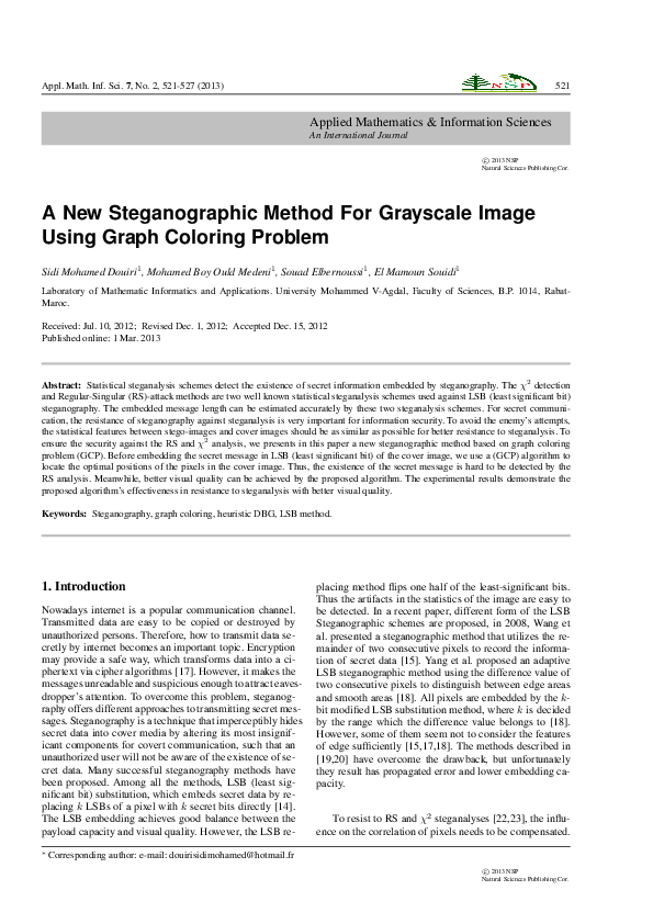 Pdf A New Steganographic Method For Grayscale Image Using Graph Coloring Problem Souad 0949