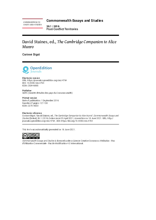 (PDF) David Staines, ed., The Cambridge Companion to Alice Munro