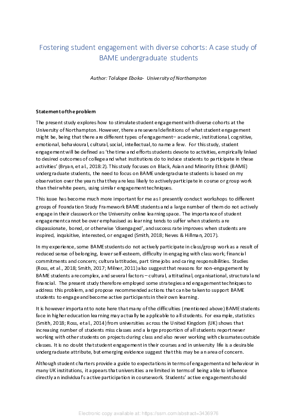 (PDF) Fostering student engagement with diverse cohorts: A case study ...