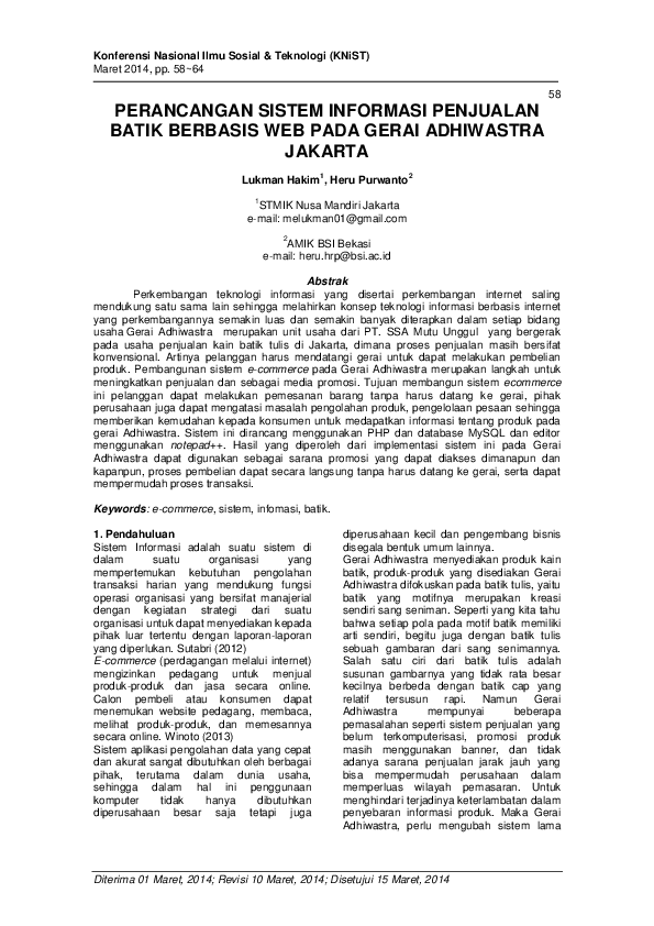 (PDF) Perancangan Sistem Informasi Penjualan Batik Berbasis Web Pada Gerai Adhiwastra Jakarta