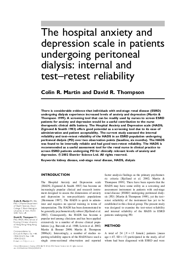 (PDF) The hospital anxiety and depression scale in patients undergoing ...