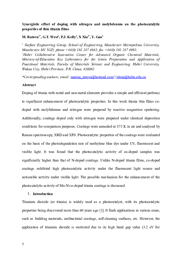 Pdf Synergistic Effect Of Doping With Nitrogen And Molybdenum On The Photocatalytic Properties