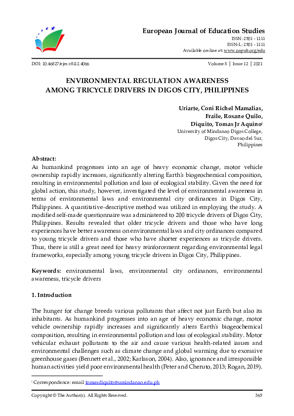 (PDF) Environmental Regulation Awareness Among Tricycle Drivers in ...