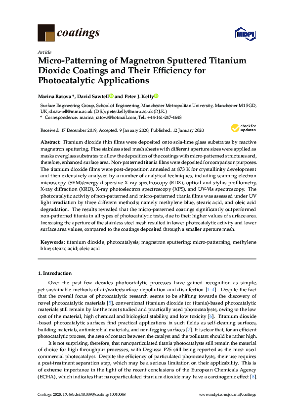 (PDF) Micro-Patterning of Magnetron Sputtered Titanium Dioxide Coatings and Their Efficiency for ...