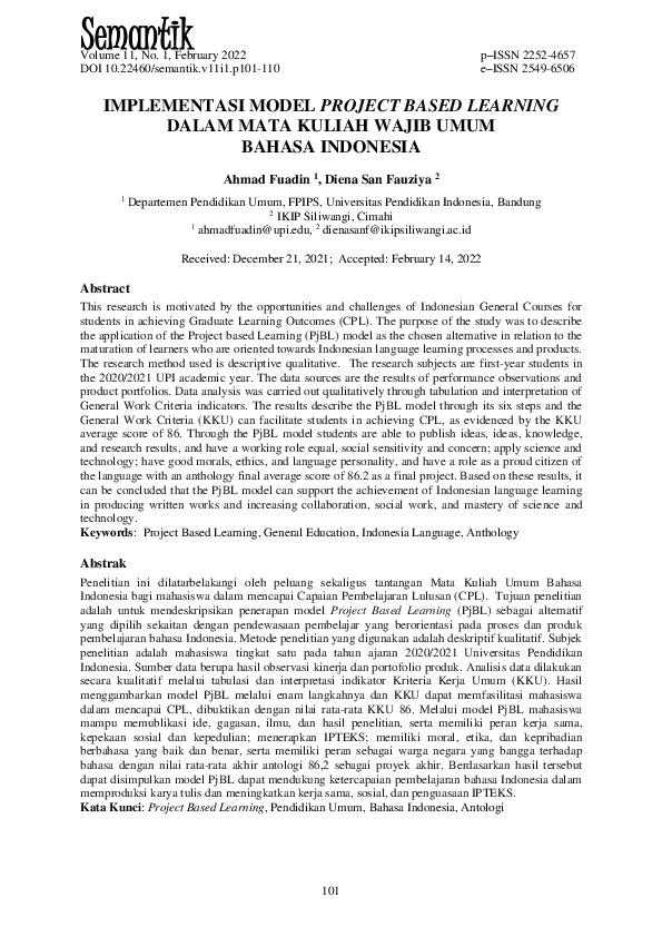 (PDF) Implementasi Model Project Based Learning Dalam Mata Kuliah Wajib ...