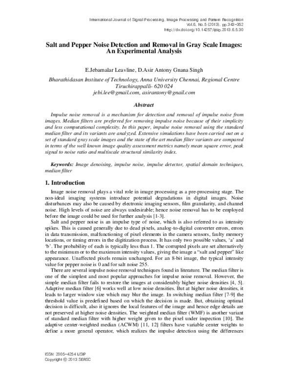 (PDF) Salt and Pepper Noise Detection and Removal in Gray Scale Images: An Experimental Analysis