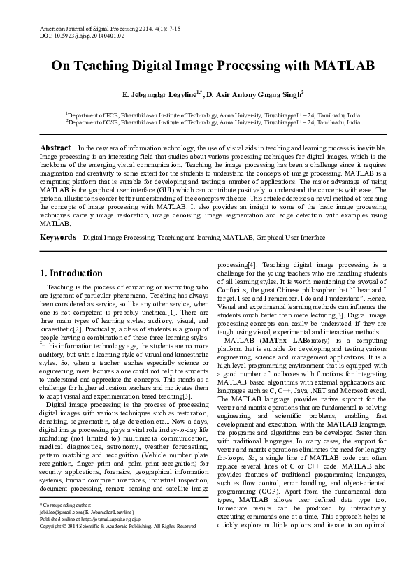 (PDF) On Teaching Digital Image Processing with MATLAB