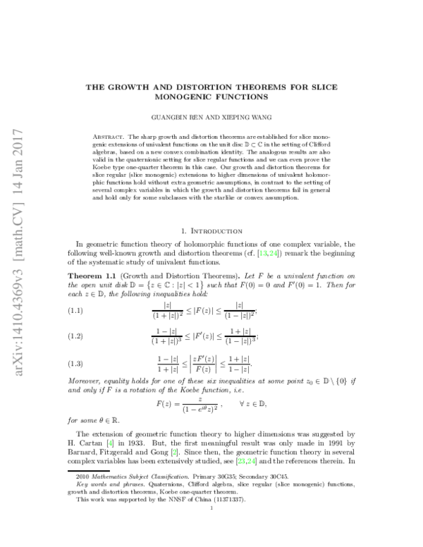 (PDF) The Growth and Distortion Theorems for Slice Regular Functions