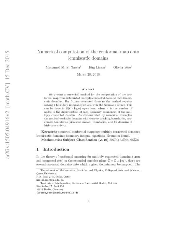 (PDF) Numerical Computation of the Conformal Map onto Lemniscatic Domains